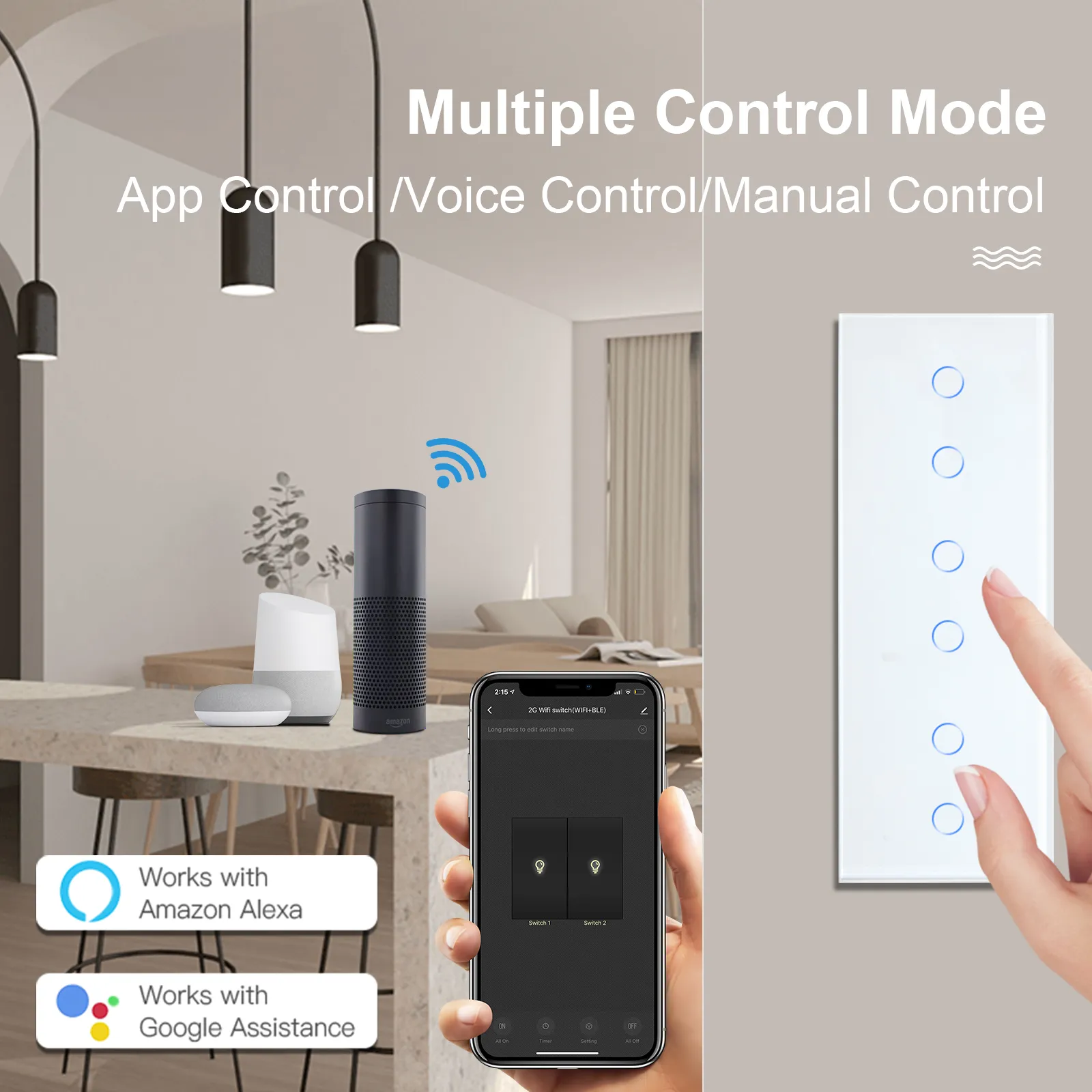 BSEED 6-Gang Smart Wifi Glass Light Wall Switch with Blue Backlight ...