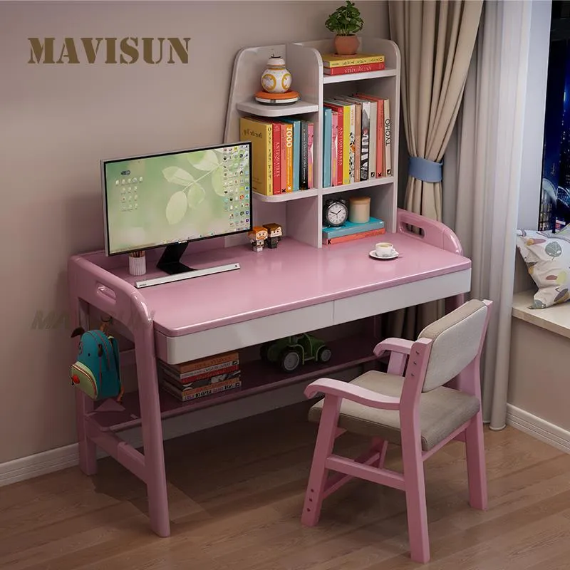 Wooden Kids Desk and Chair Set, Adjustable Study Table with Bookshelf ...