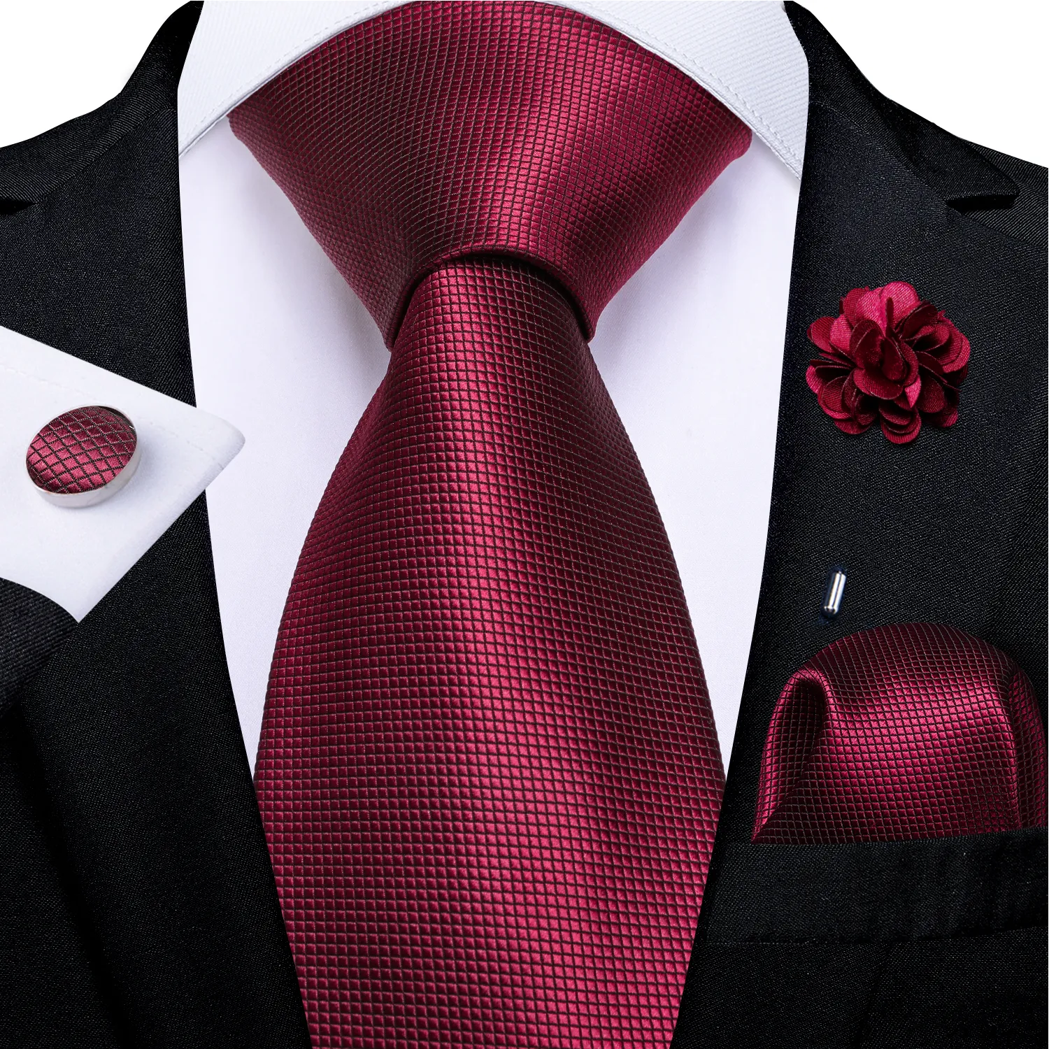 Classic Solid Dark Red Men's Tie Set with Brooch Pin, Pocket Square ...