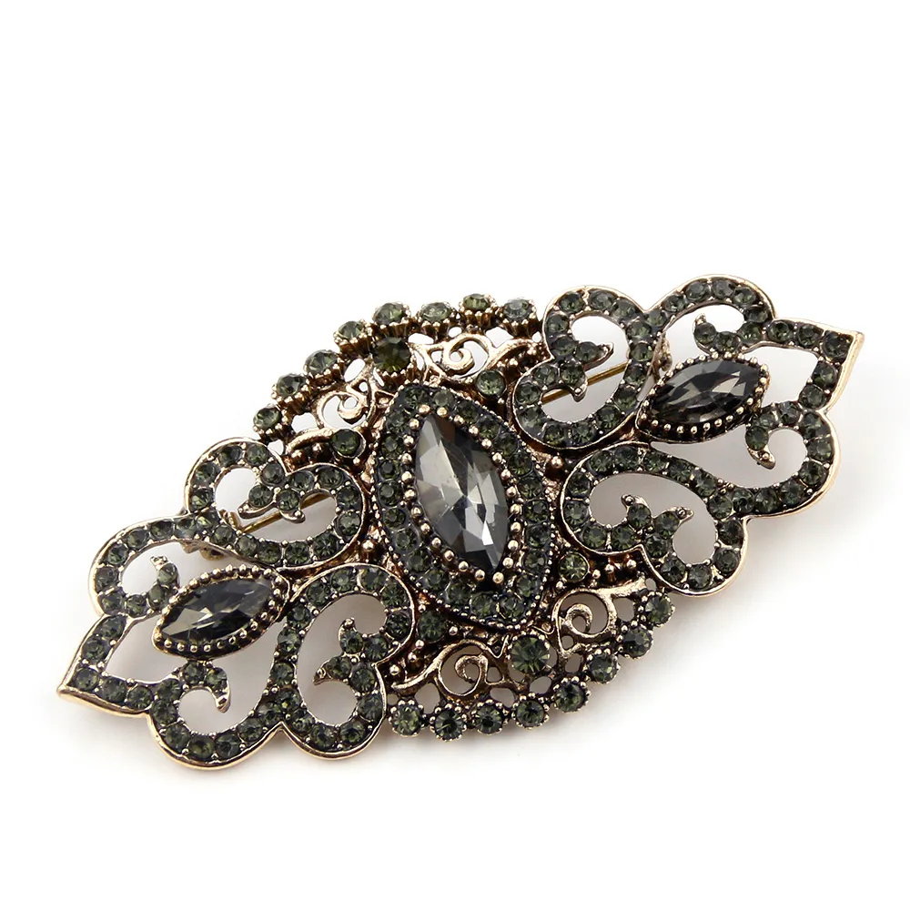 Turkish Flower Crystal Brooch in Antique Gold, Embellished Hijab Pin ...