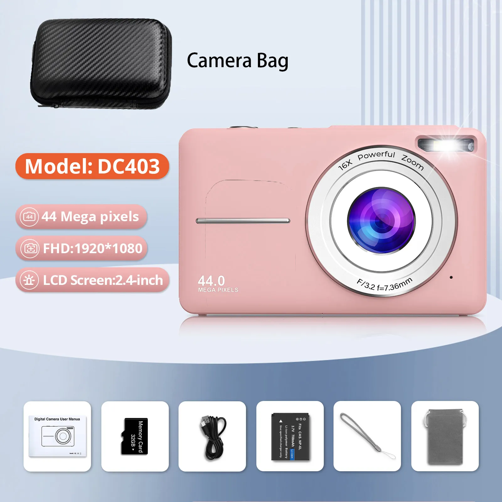 44MP HD 1080P Digital Camera with 16x Zoom and 2.4-Inch Screen ...