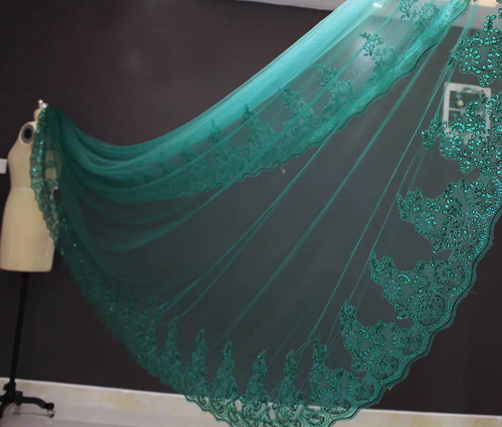 Green Sequin Lace Edge Cathedral Wedding Veil Bridal Veil with Comb ...