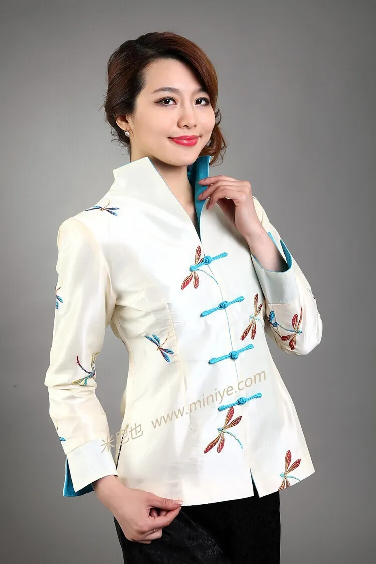 White Silk Blouse Chinese Style Satin Coat Embroidered Tang Suit Top ...