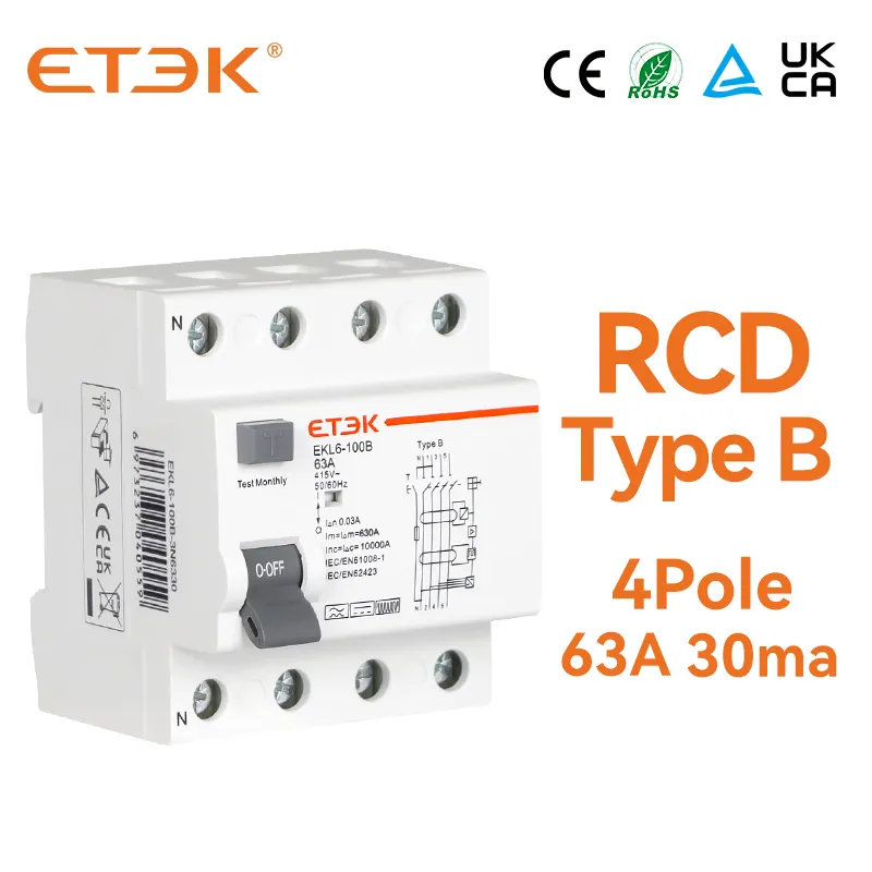 4-Pole ETEK RCCB Type B Evse Earth Leakage Circuit Breaker - 63A 30mA 10kA Din Rail Mount, 220V ...