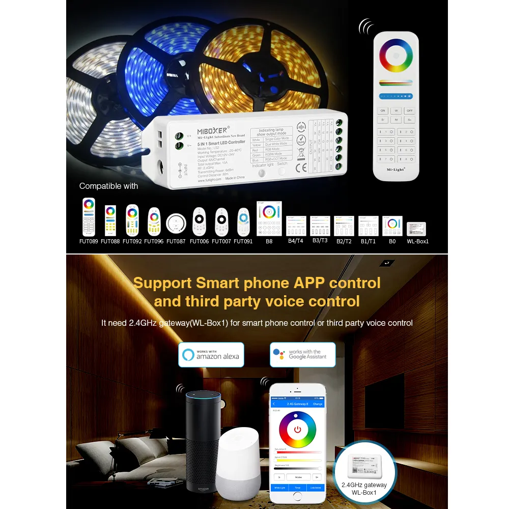 Miboxer LS2 5-in-1 LED Strip Controller: FUT089 2.4G Remote B4 Touch ...