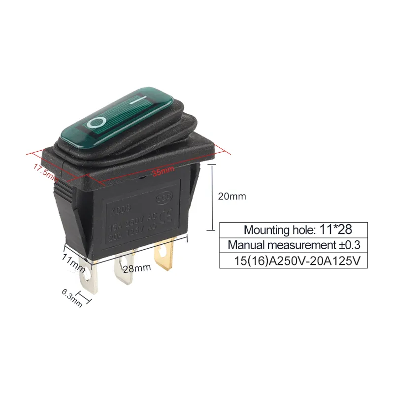 KCD3 35x17.5mm 2/3Pin IP65 Waterproof Rocker Switch, 15A 250V/20A 125V ...