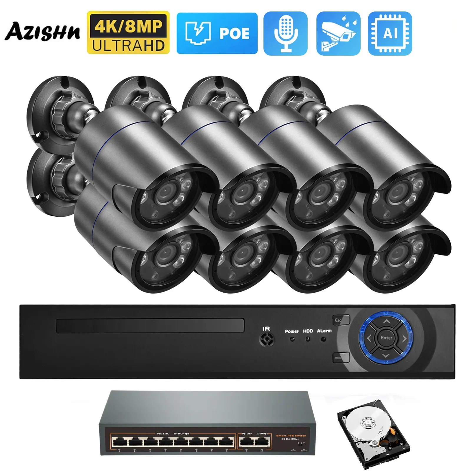 DHgate.com:AZISHN 8MP 4K PoE NVR Security Camera System, Outdoor IP ...