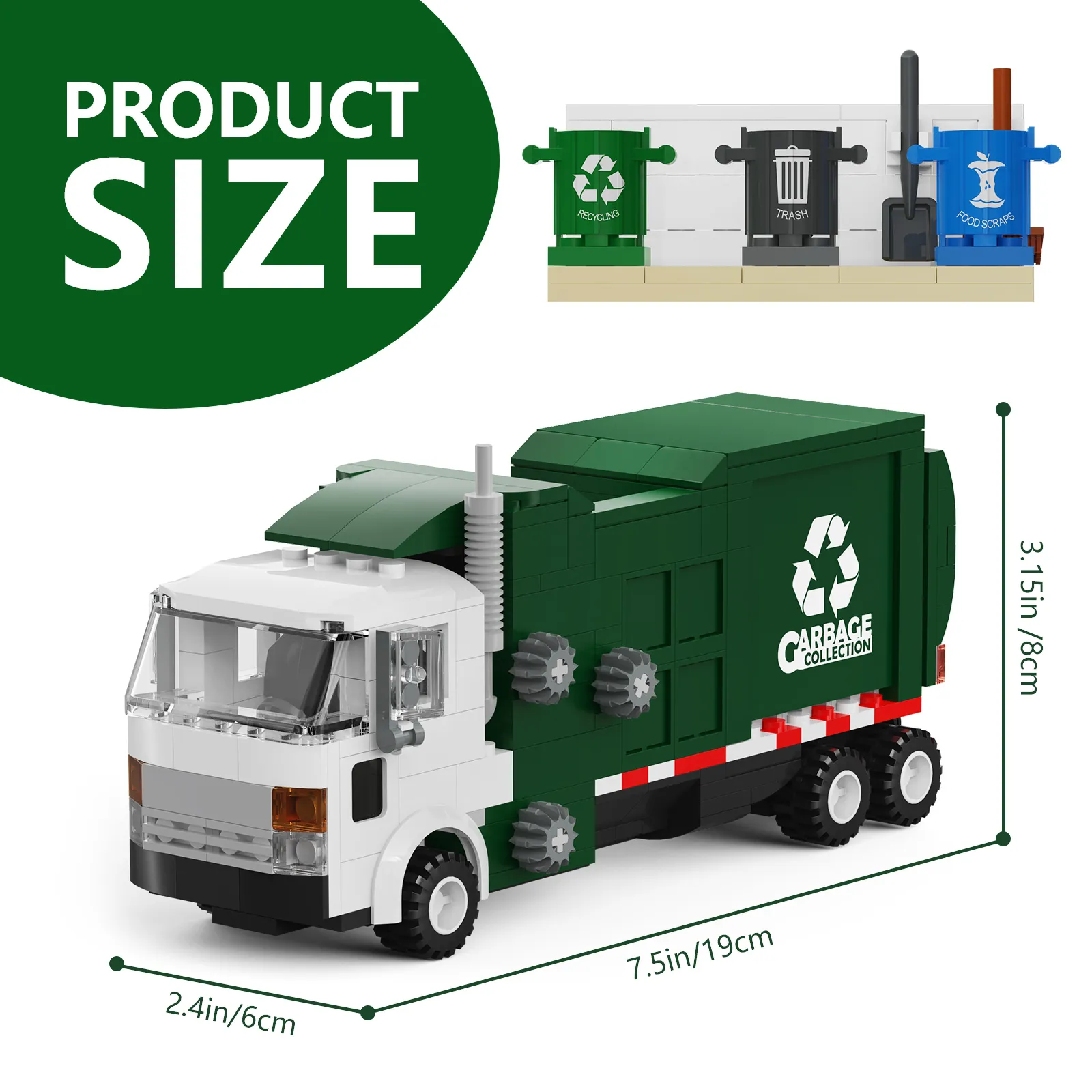 BuildMoc High Tech Green White Car Garbage Truck City Cleaner Children ...