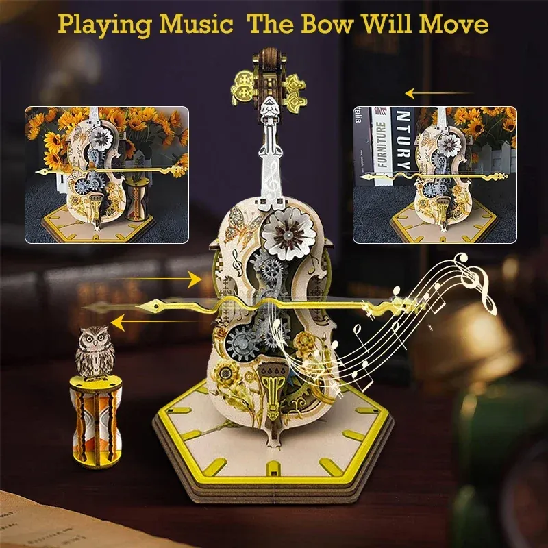 Handmade 3D Wooden Music Box Puzzle Kit, DIY Mechanical Cello Music Box ...