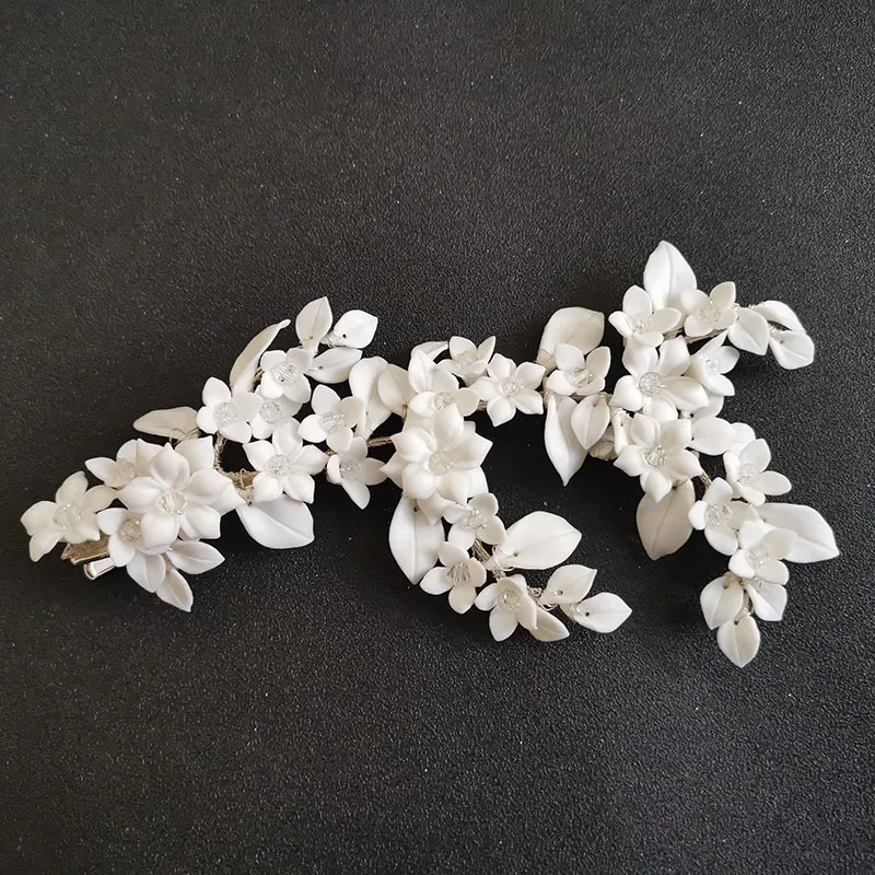 SLBRIDAL Handmade Rhinestones Crystal Pearls Ceramic Flower Leaf Bridal ...