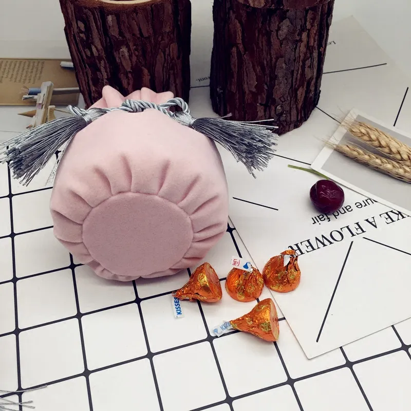 Light Blue Velvet Round Bottom Drawstring Bag 4.7 × 6.7 in with Gray ...