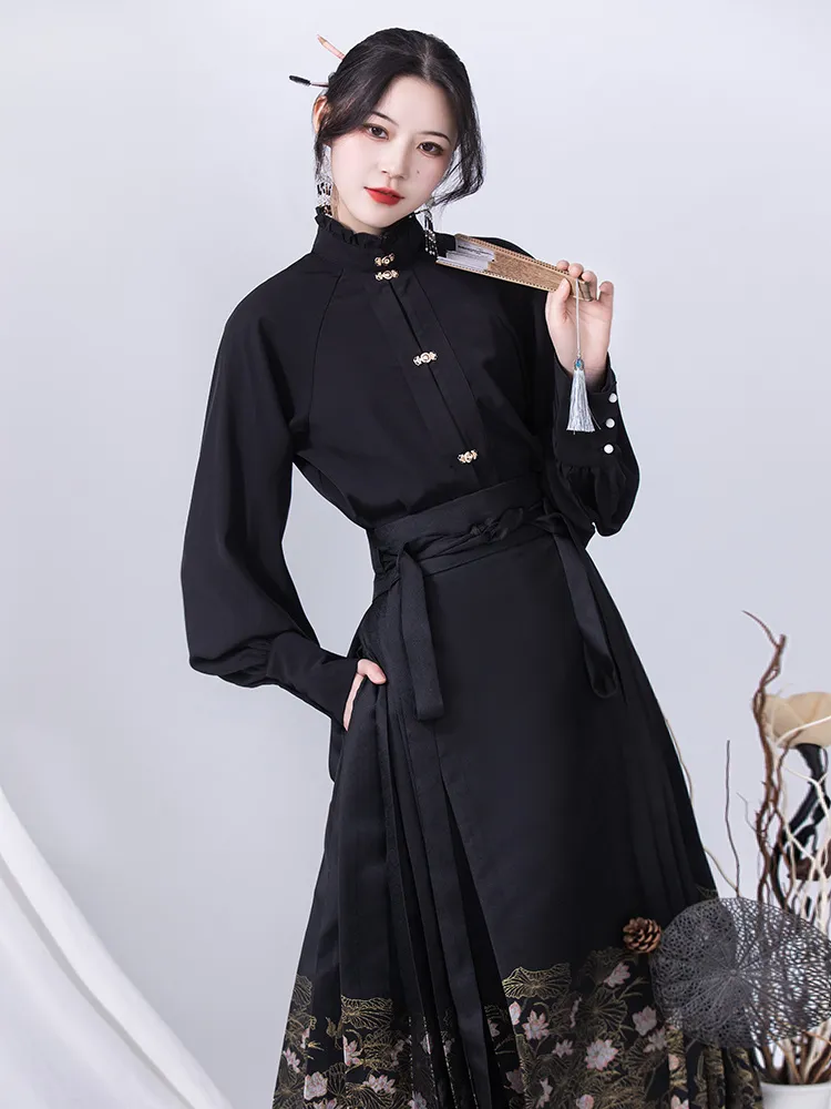 UMI MAO Hanfu Womens Half Black Aline Skirt With Woven Gold Horse Face ...