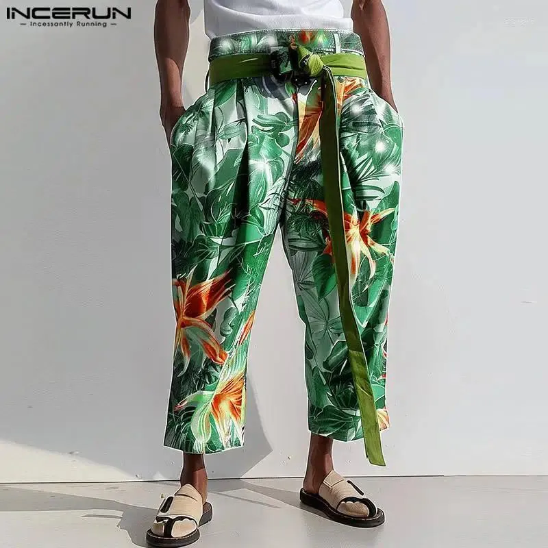 Mens Pants INCERUN 2024 Korean Style Pantalons Personality Flower Leaf ...