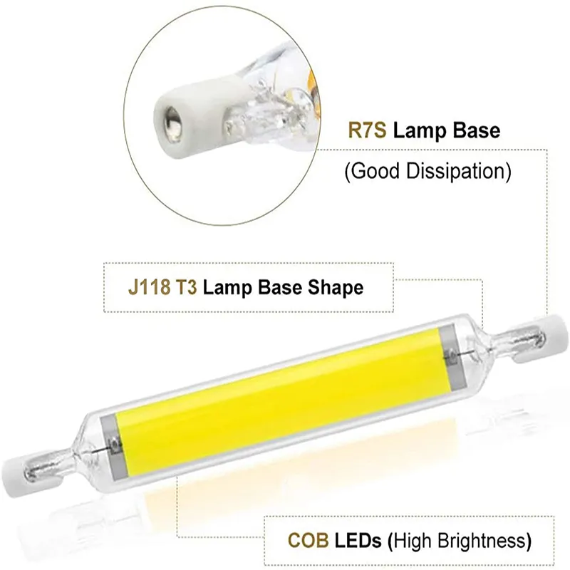 LED R7S COB Glass Tube Light Bulb 78mm 118mm J78 J118 220V 360 Beam ...
