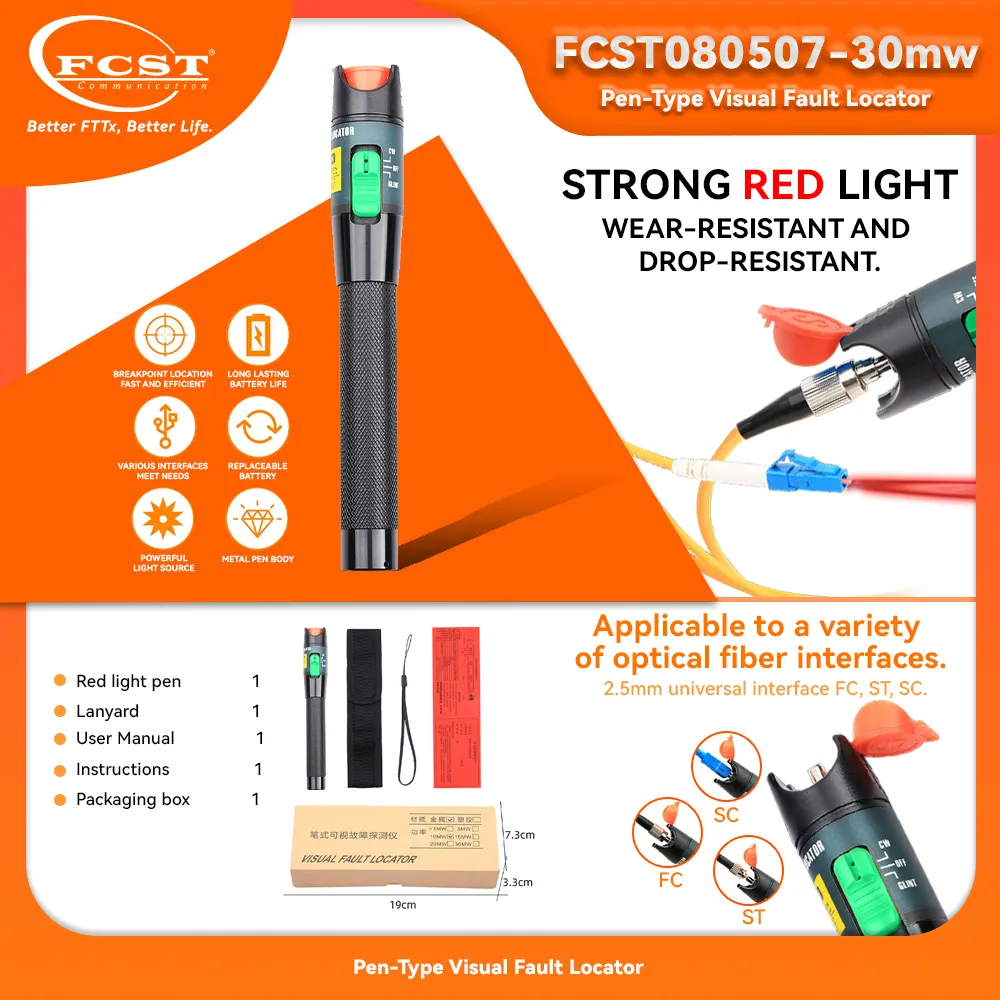 2024 FCST Fiber Optic Cable Tester Pen: 1/10/20/30/50mw Visual Fault ...