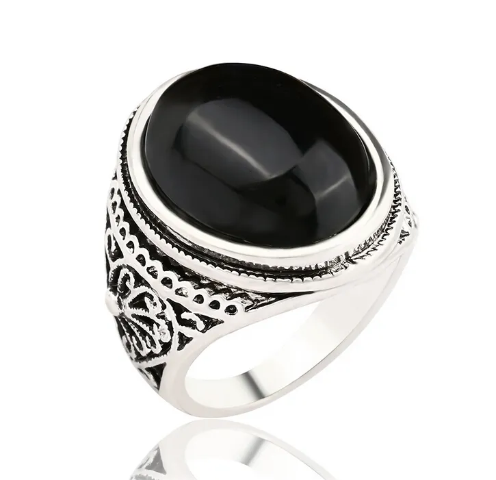 Vintage Punk Plated Ring with Large Black and Red Stones Silver Color ...