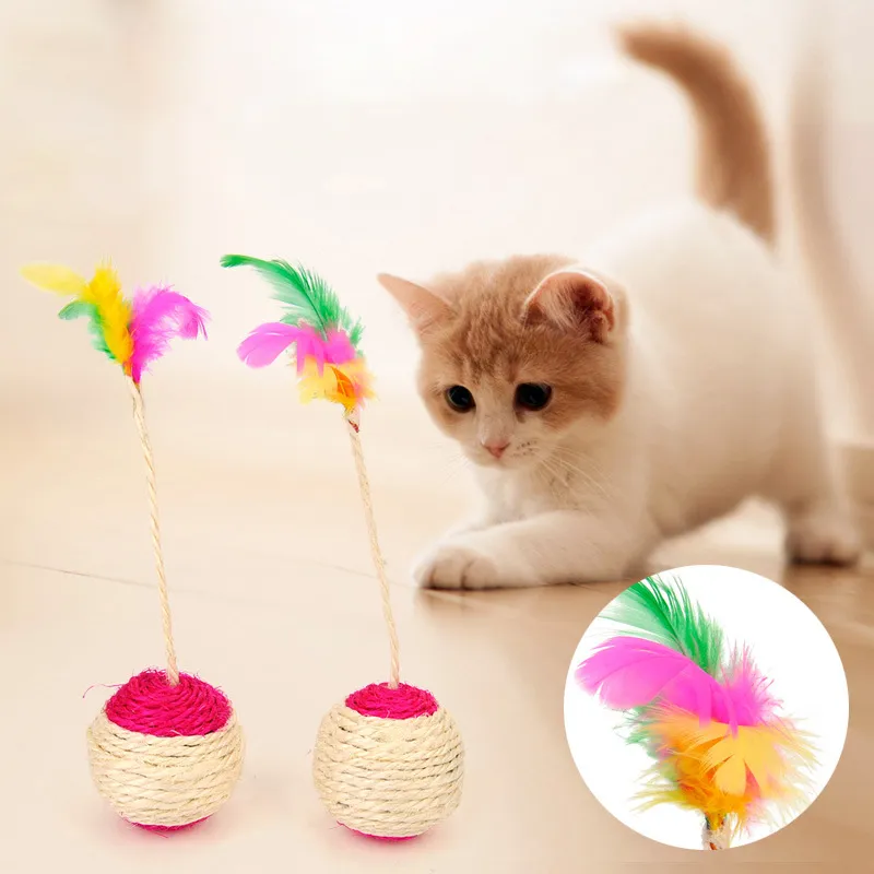 Interactive Cat Scratching Ball Toy with Sisal & Feathers - Kitten ...