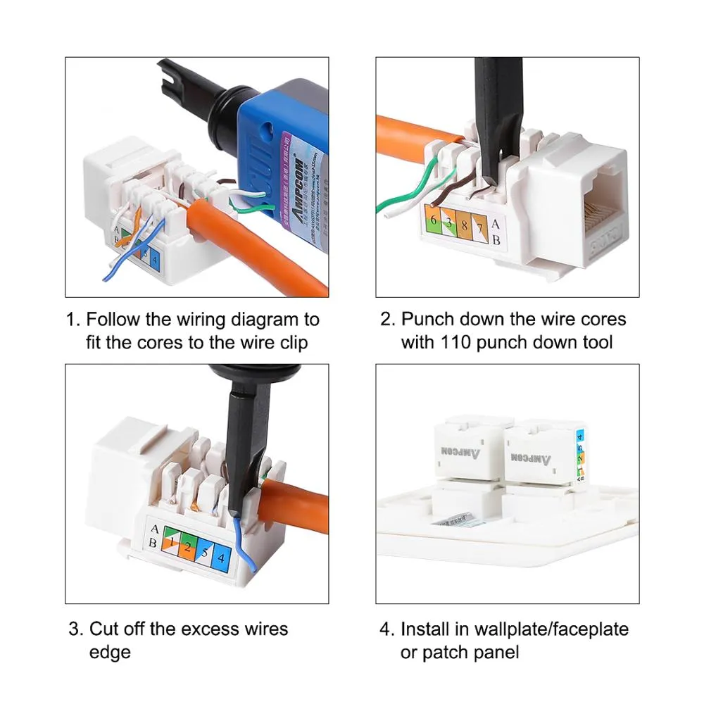 AMPCOM CAT6 Keystone Jack Snap-in RJ45 Punch-Down Module Compatible ...