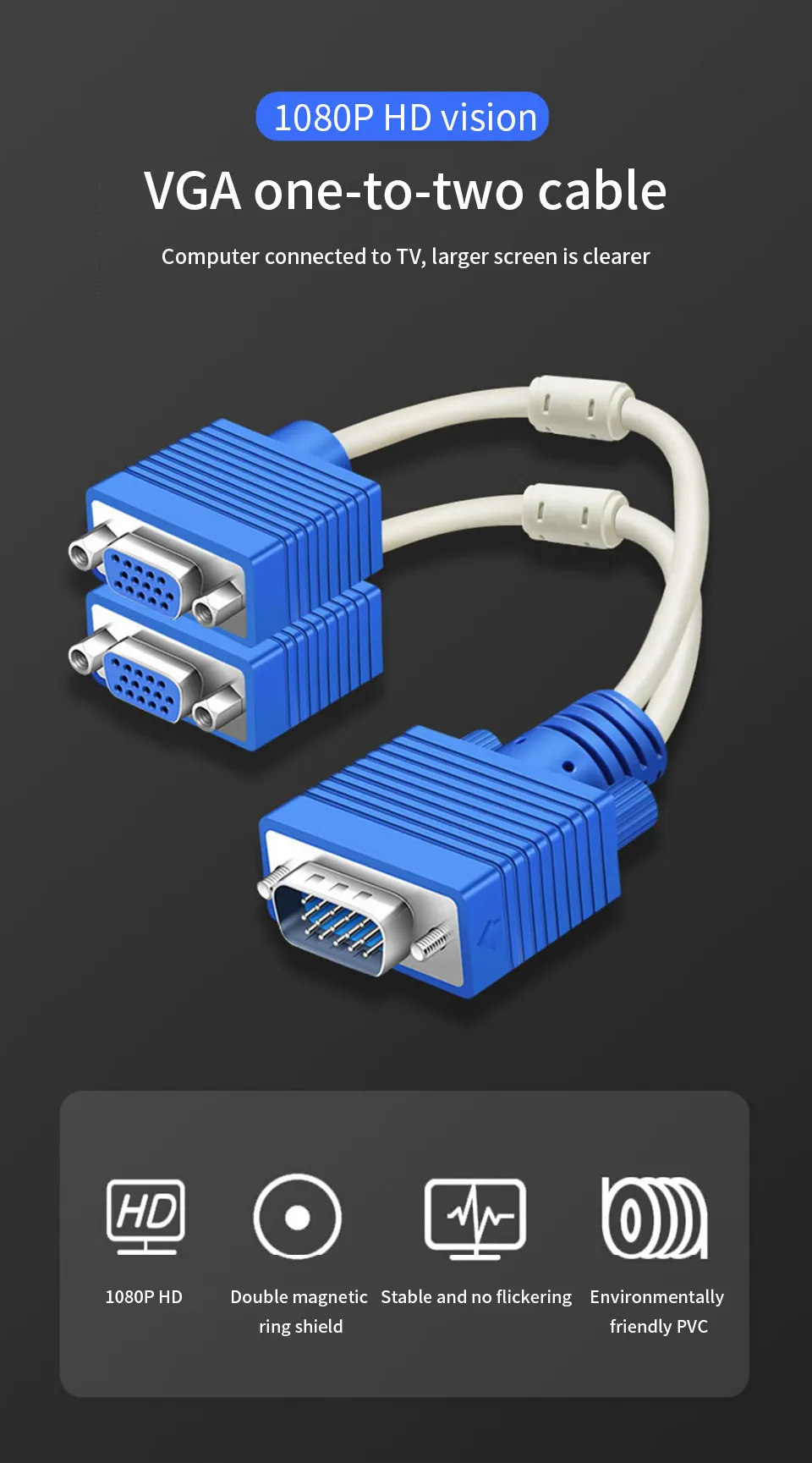 1080P Dual Port VGA Splitter Cable for LCD TV Box, Displays, and ...