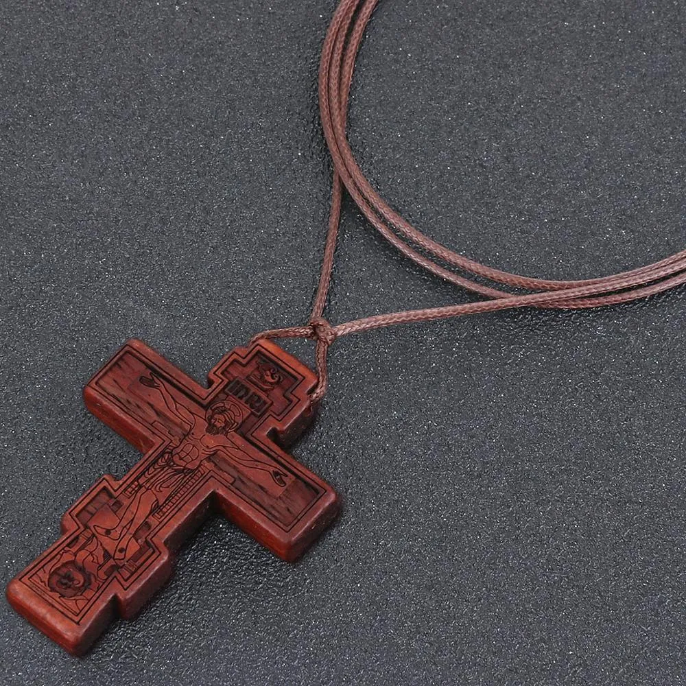Umbila Wooden Jesus Crucifix Pendant Necklace Adjustable Leather Rope ...