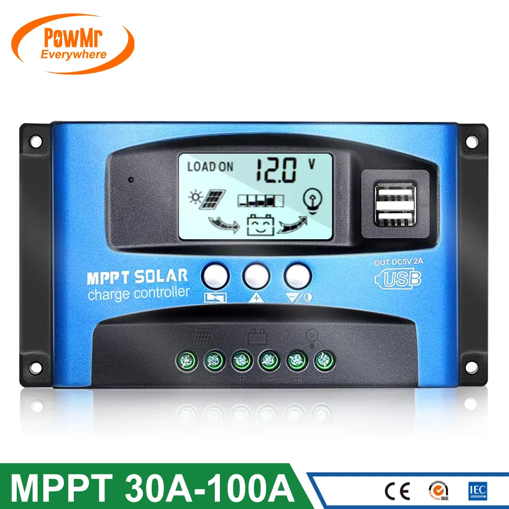 PowMr 30A/40A/50A/60A/100A MPPT Solar Charge Controller 12V/24V Auto LCD Display Dual USB Solar ...