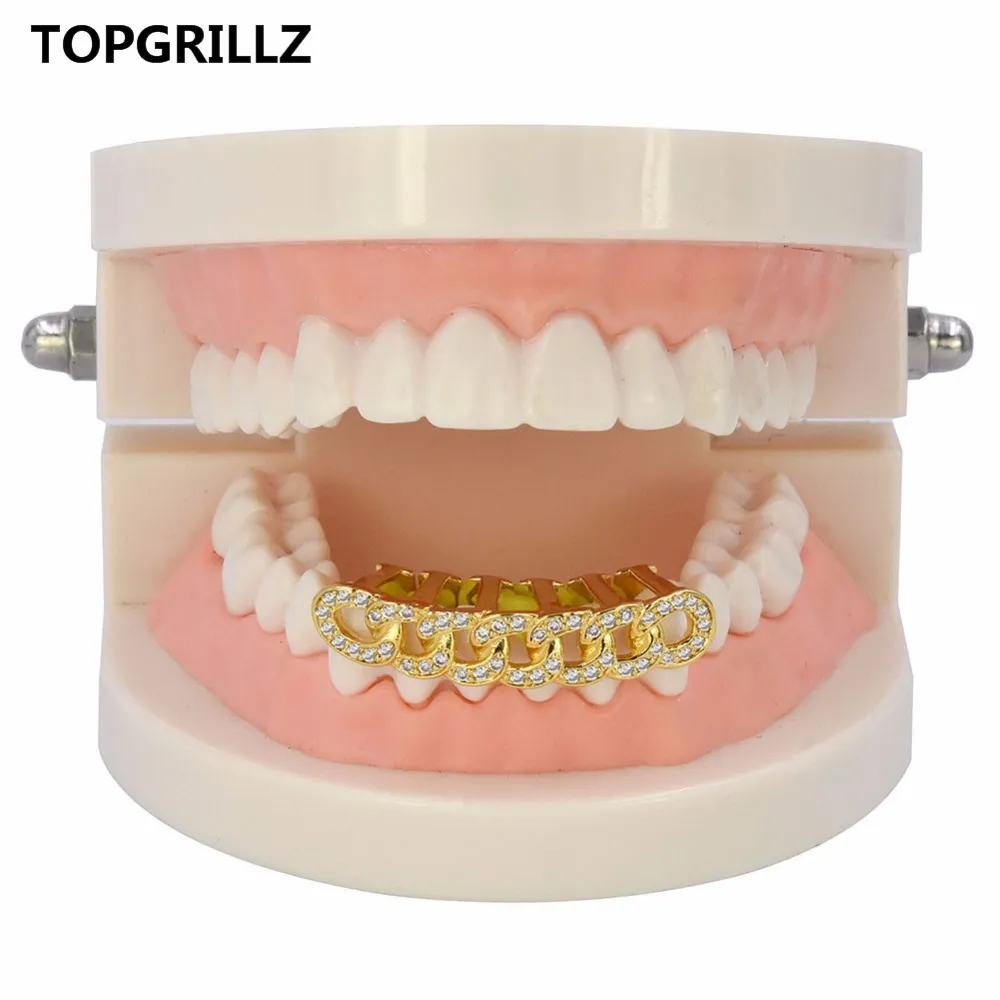 DHgate Premium Gold Cuban Link Grillz Flooded CZ Teeth Grill for Hip Hop Style Jewelry