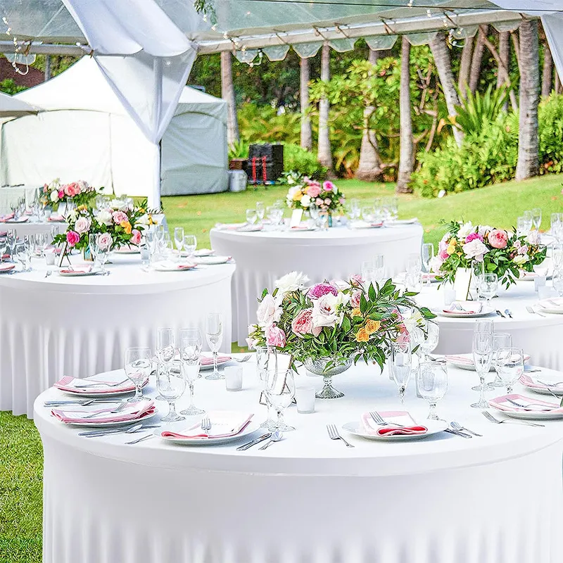 Round Elastic Tablecloth with Ruffle Edge for Dining Tables up to 60 in ...