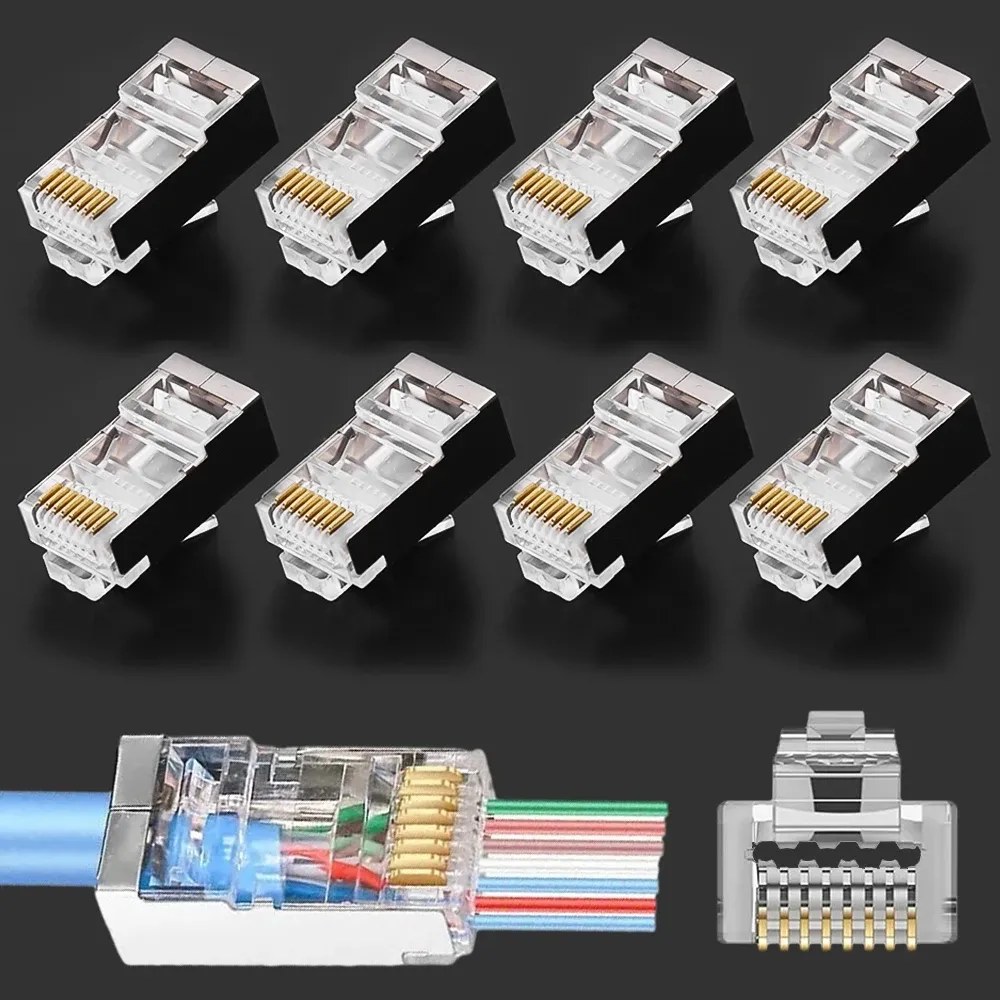 CAT6 RJ45 Connectors: Shielded Crystal Head Gold Plated 8P8C Ethernet ...