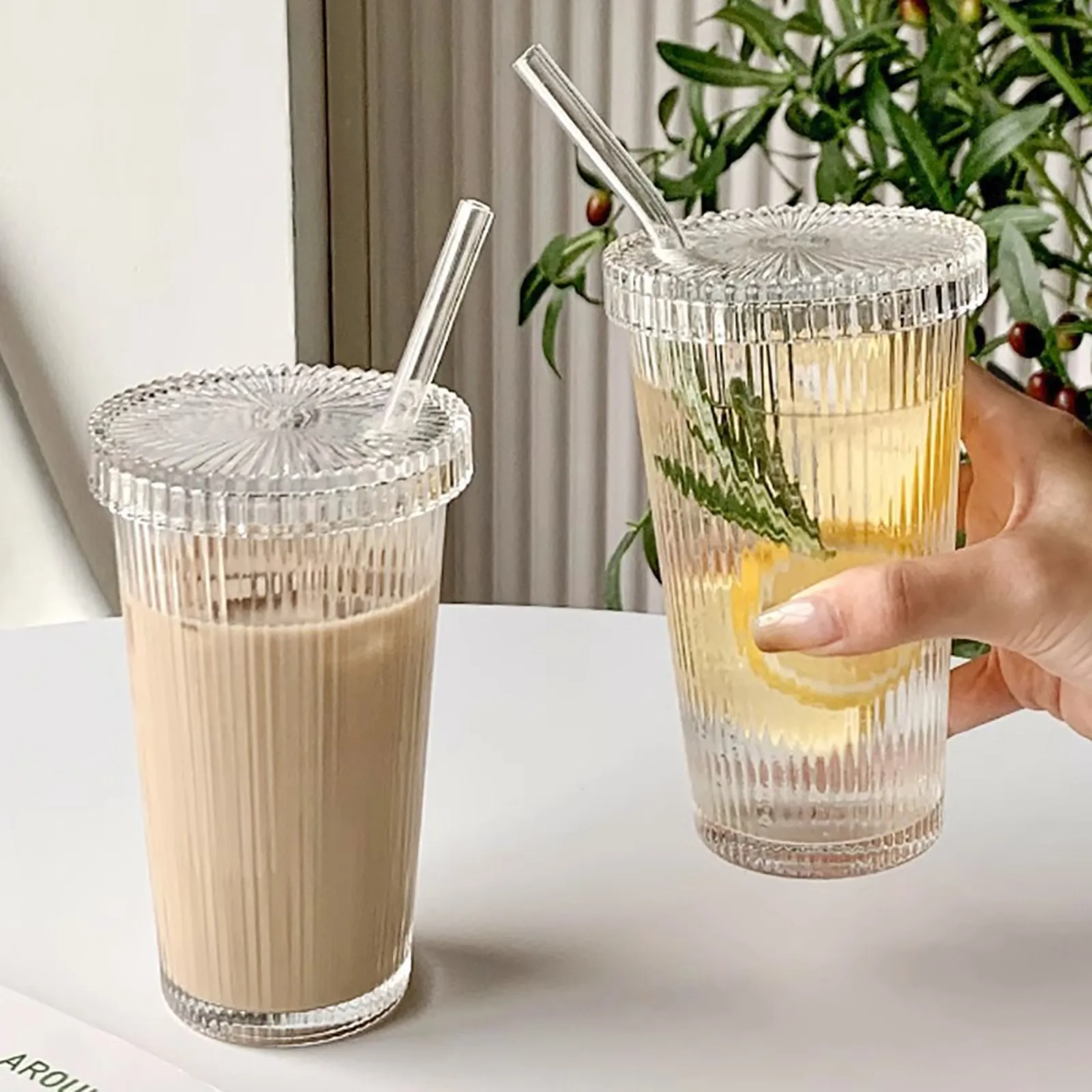 DHgate.com:Stripe Glass Cup with Lid and Straw - 375ml Transparent ...