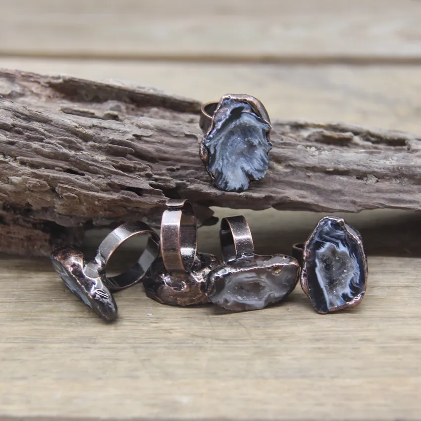 Natural Agate Druzy Antique Copper Ring, Raw Crystal Quartz Geode Drusy ...