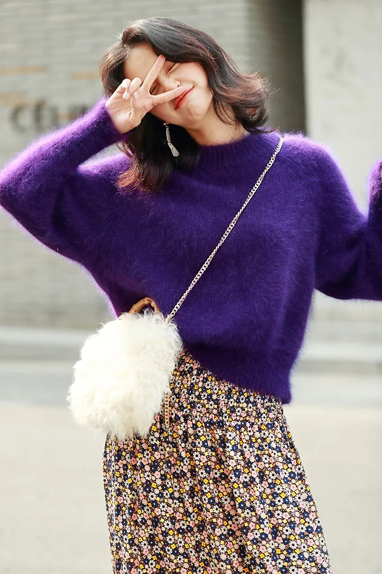 Angora Mink Cashmere Knit Pullover Sweater for Women Loose Fit Purple O ...