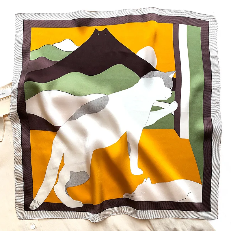 Summer Cute Cat Print Hijab 100% Real Silk Square Scarf Women Headband ...