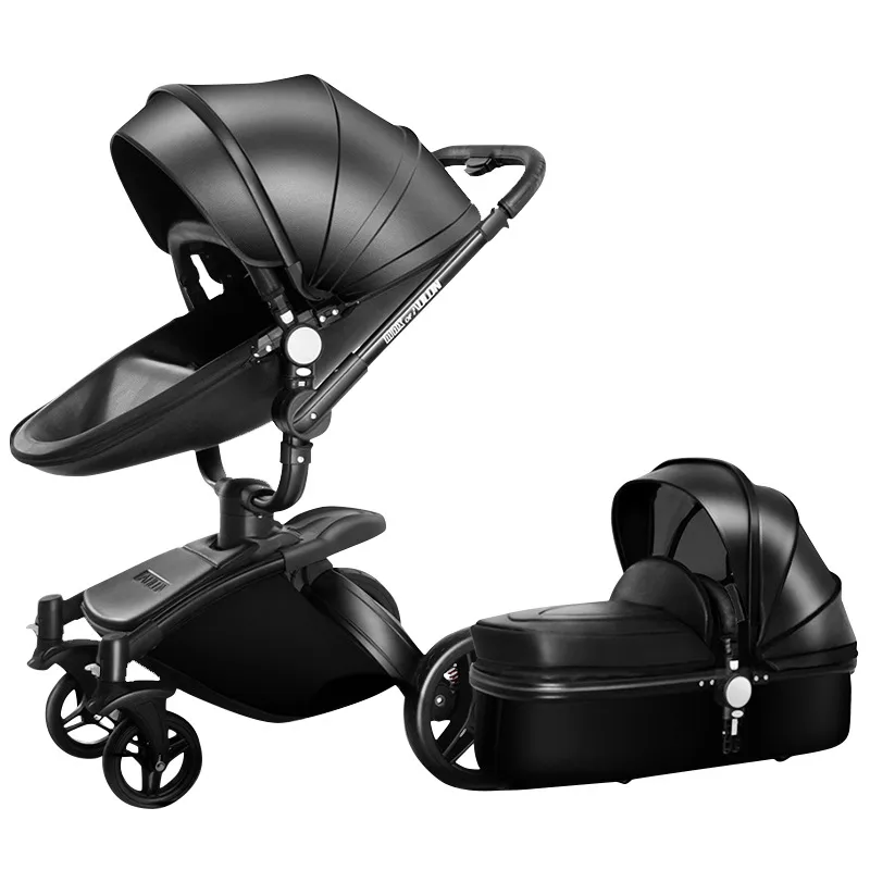 3-in-1 Luxury PU Leather Baby Stroller: Reversible Bassinet, Foldable ...