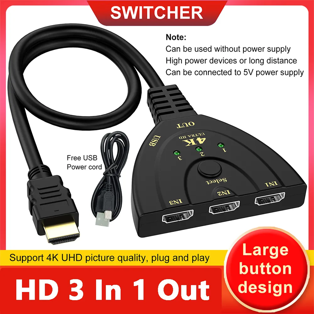 HDMI Splitter for Xbox - 4K 3-Port HD Switcher: Compact 3-in-1-Out Hub ...