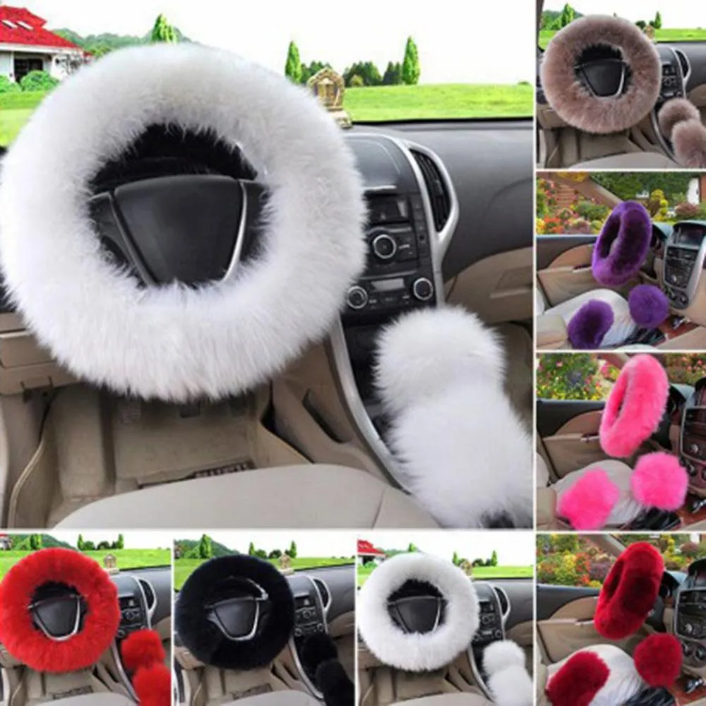 Solid Wool Steering Wheel Cover Soft Warm Fuzzy Plush Car Accessory ...