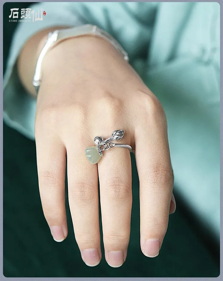2024925 Sterling Silver Jade Bell Ring, Female Artistic Simple and ...