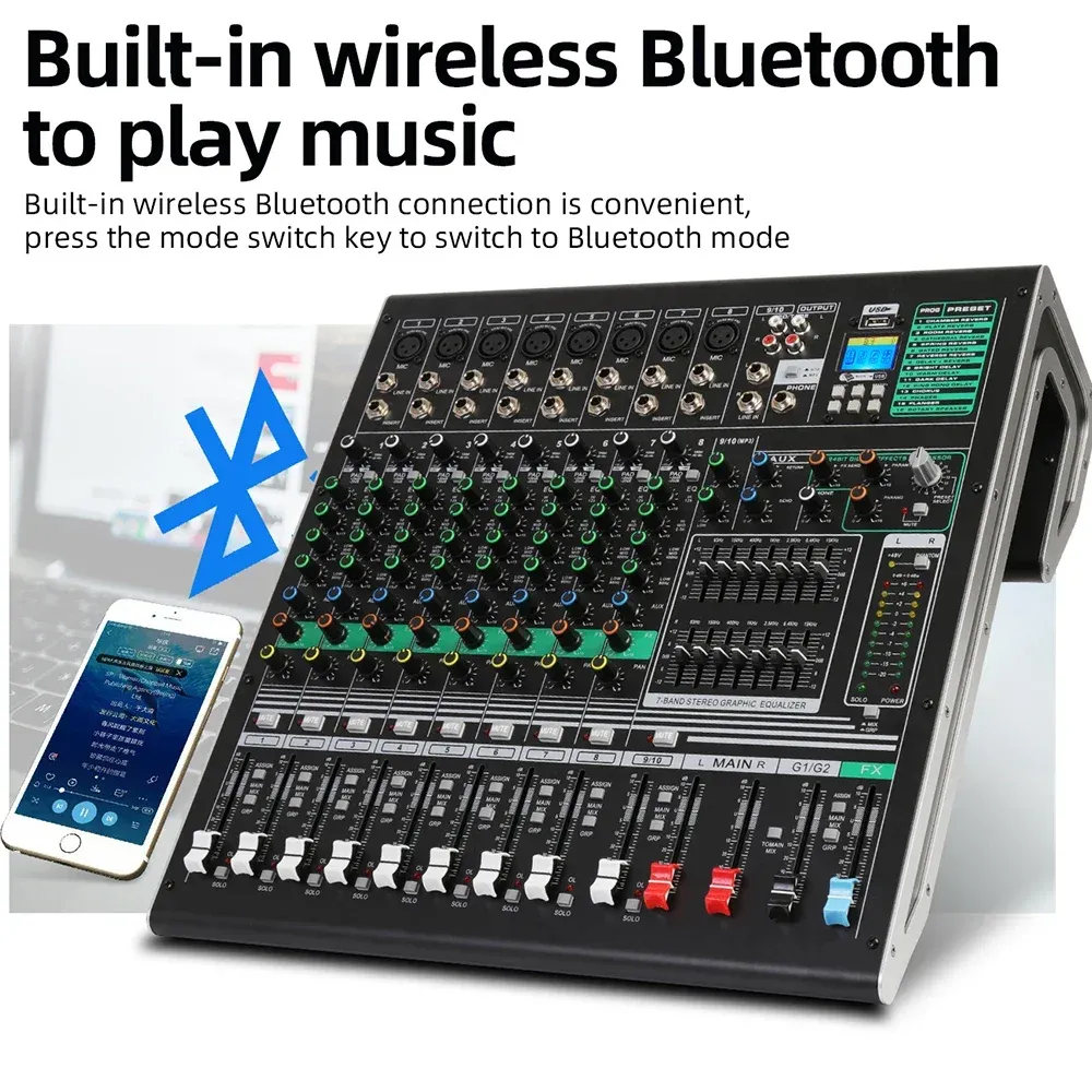 10 Channel Mixer Professional Audio Console +48V Phantom Power 16 DSP ...