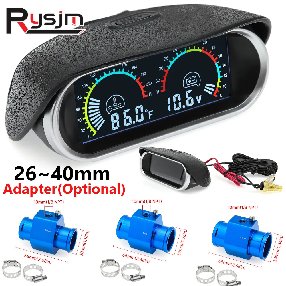 2-in-1 LCD Display Digital Car Voltmeter Temperature Water Temp Gauge ...
