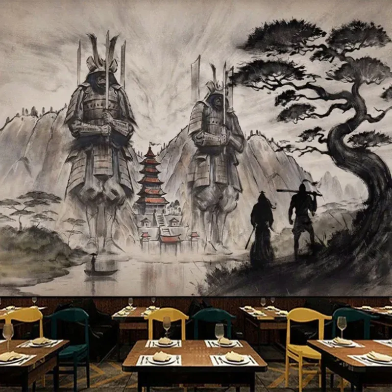 Hand Painted 3D Ukiyoe Samurai Restaurant Mural Art Background ...