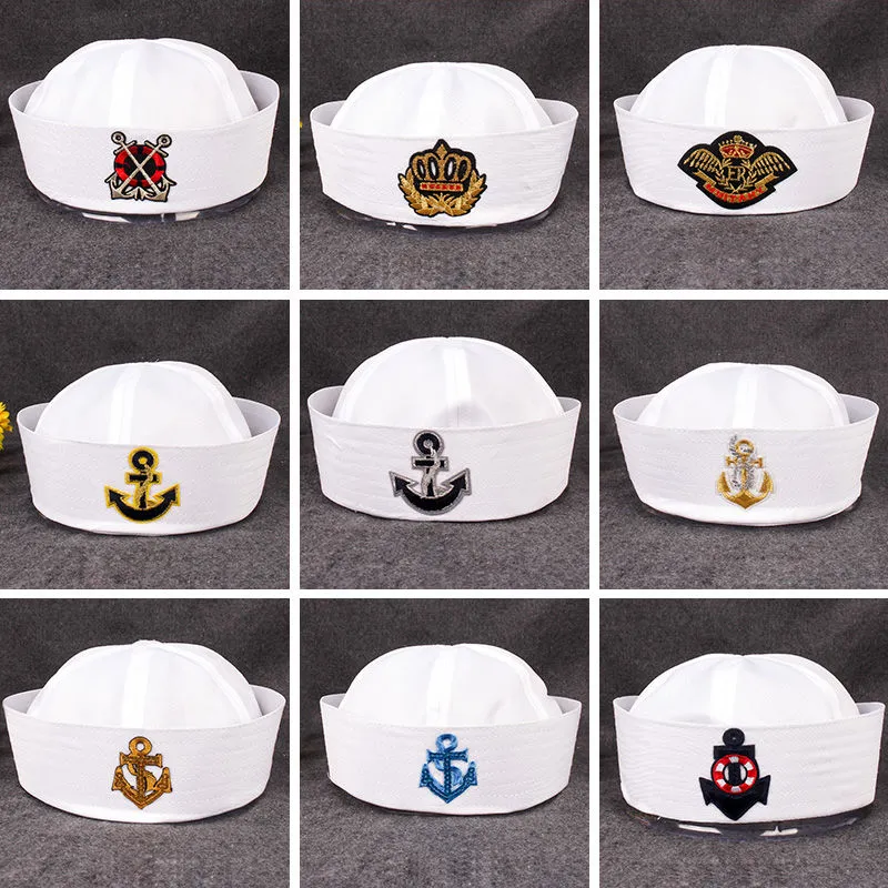 White Captain Sailor Hat with Anchor Emblem for Adults and Kids, Straw ...