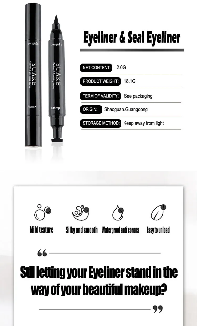 2 In 1 Waterproof Liquid Eyeliner Pencil with Stamp Double-Ended Black ...