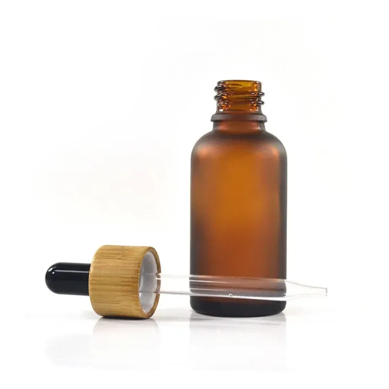 Wholesale Eco Friendly Bamboo Cap Frosted Glass Dropper Bottle With Wooden Lid Refillable Use Of ...