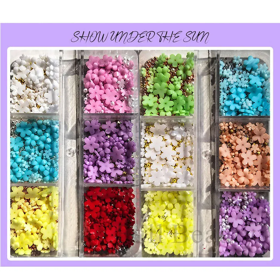 6 Grids White Acrylic Flower Parts and Mixed Steel Beads Nail Art ...