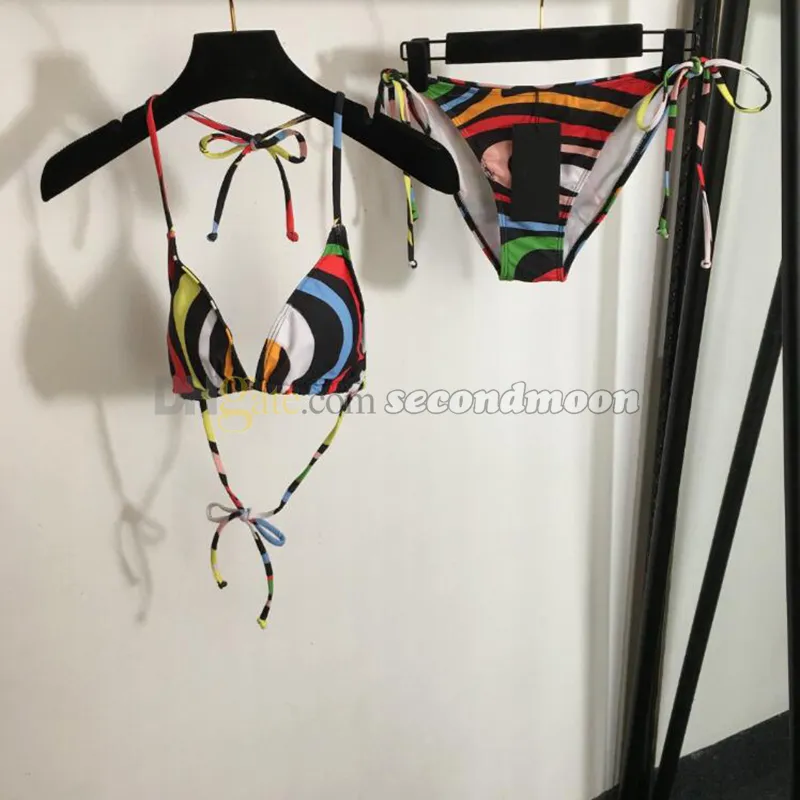 String Bikini Swimsuits: Contrast Color Halter Bikini Set, Sexy Split ...