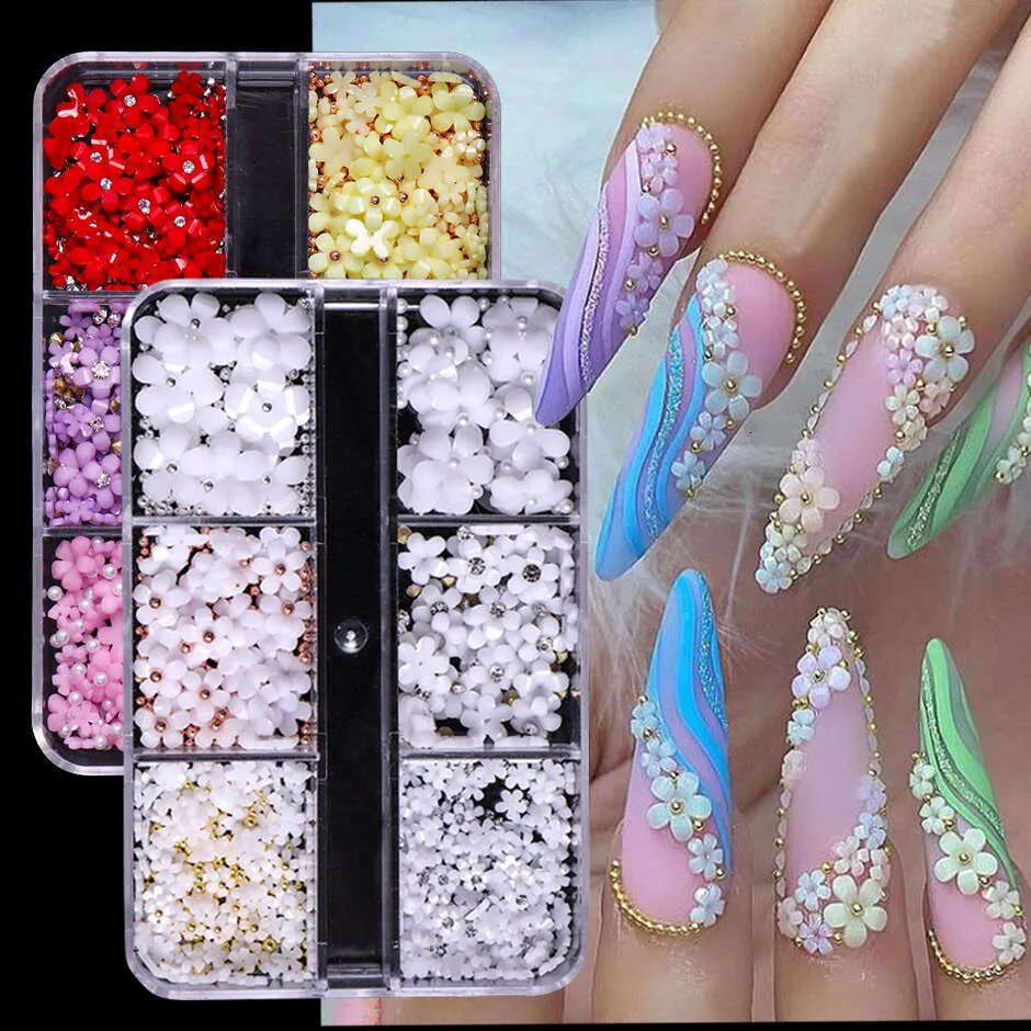 6 Grids White Acrylic Flower Parts and Mixed Steel Beads Nail Art ...