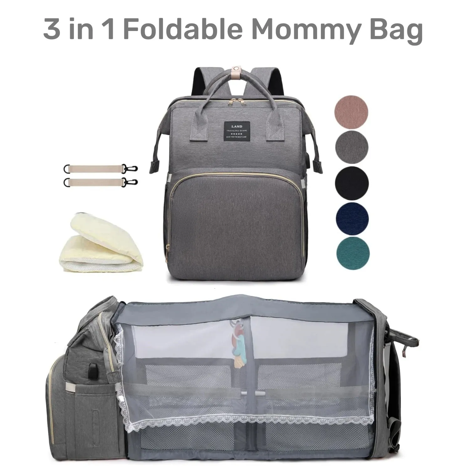 Multi-Functional 3-in-1 Waterproof Diaper Bag Backpack with Portable ...