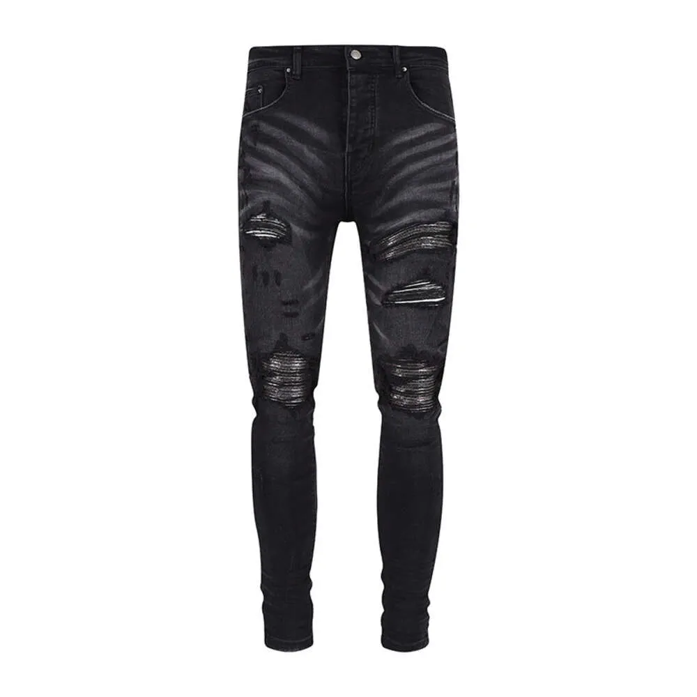 Mens Designer Patchwork Leather Long Black Ripped Jeans Mens Amirjean ...