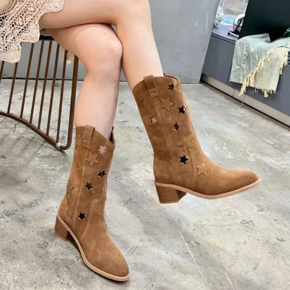 Womens Summer Retro Cowboy Boots Mid-calf Hollow Out Stars Block Heel ...