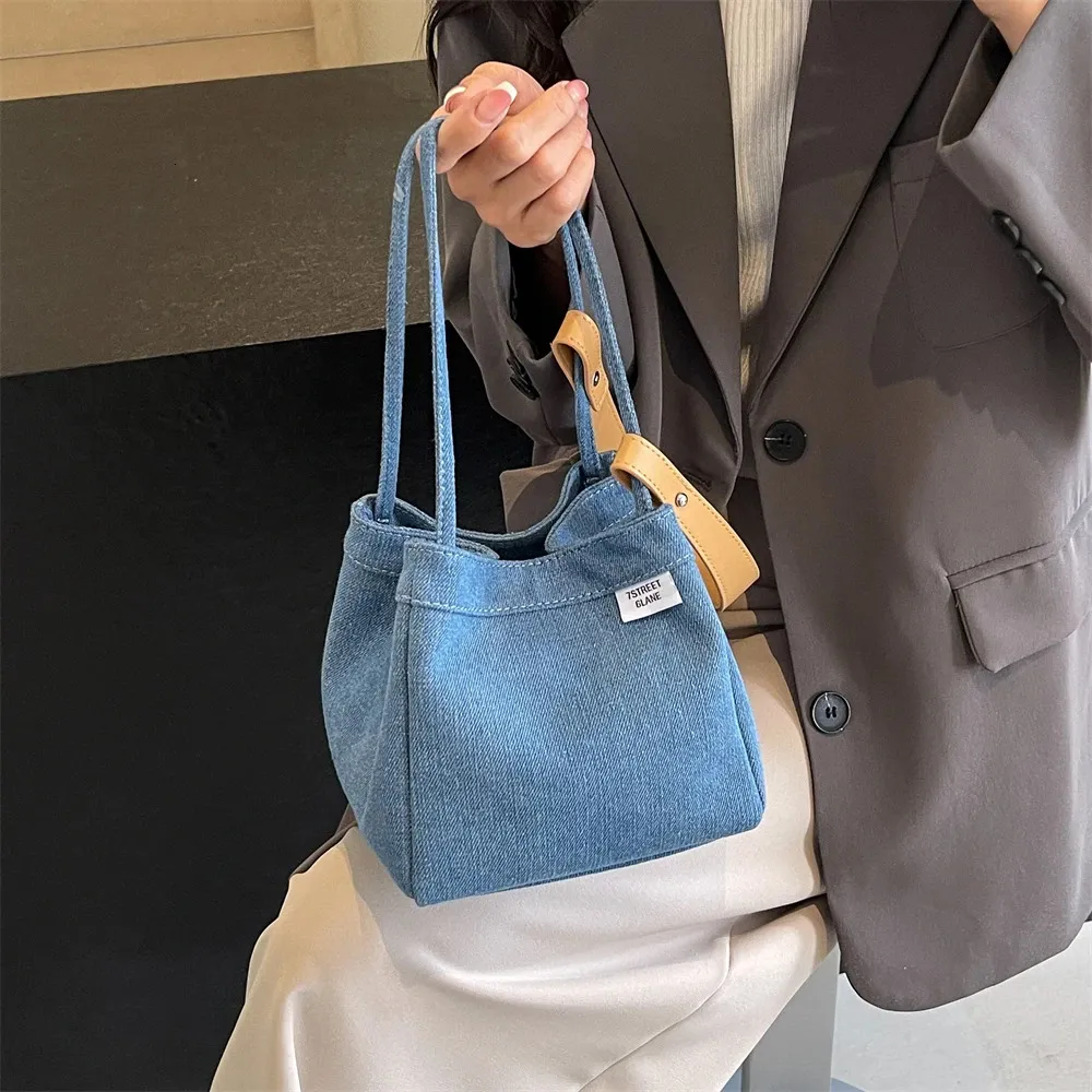 Deformable denim blue shoulder bag for women large capacity handbag ...