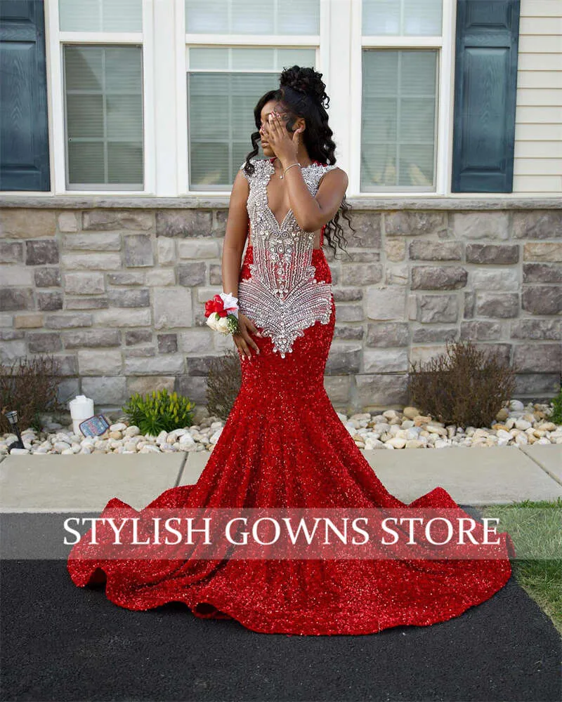 Red Sheer Square Neck Long Sequined Prom Dress with Beaded Crystal ...
